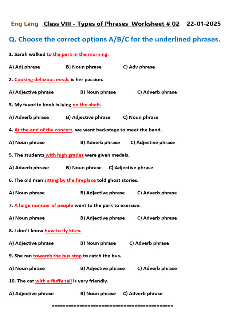 Types of Phrases Worksheet for Class VIII | PDF | Adjective | Adverb