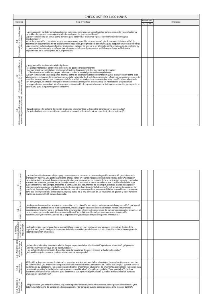 Check List 14001 v2015 | PDF | Planificación | Auditoría