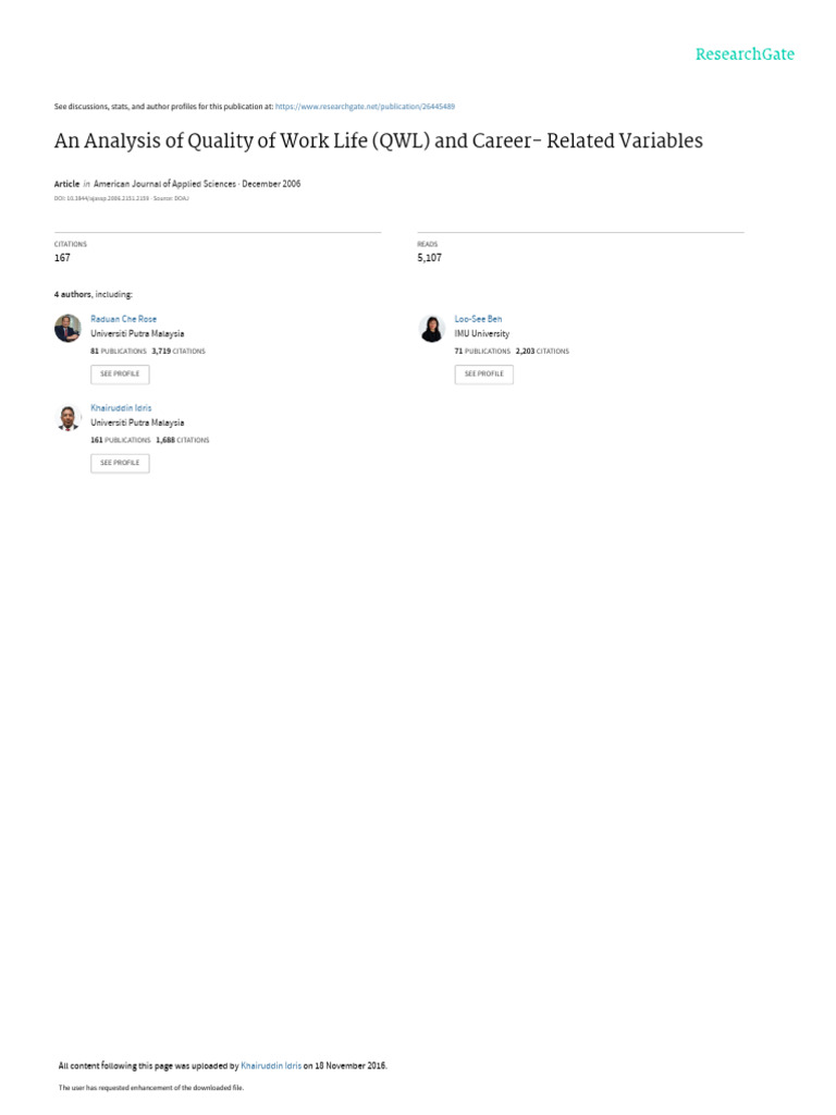 Quality of Work Life and Career Variables | PDF | Multicollinearity ...