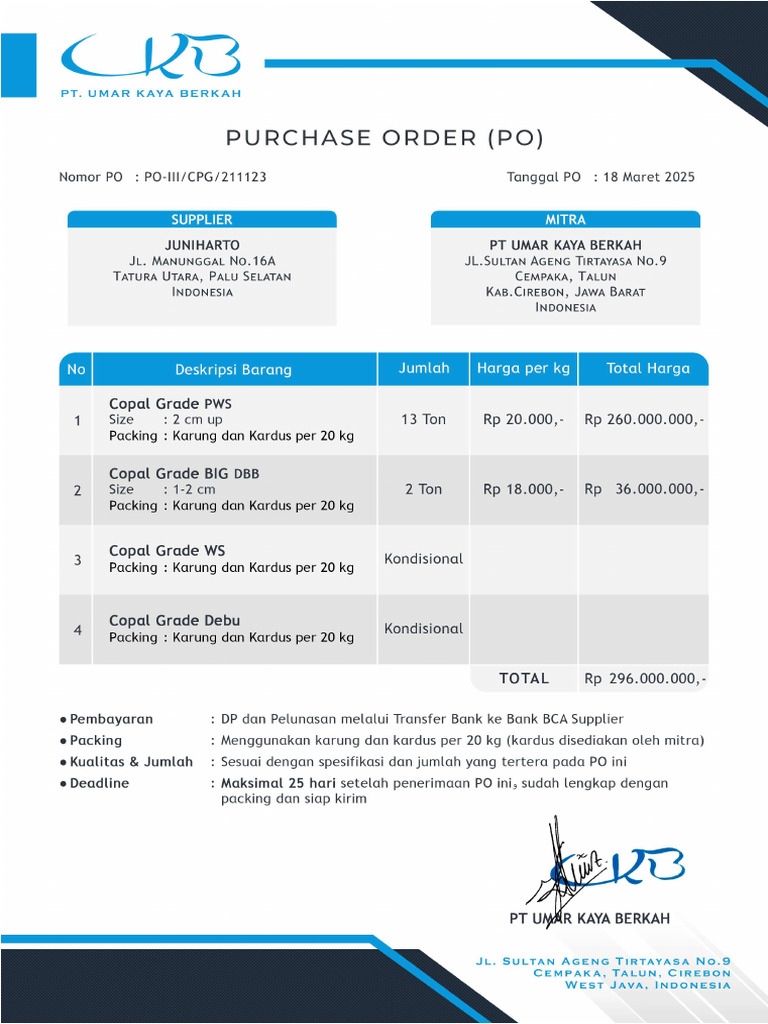 PO Juniharto - PT Umar Kaya Berkah | PDF
