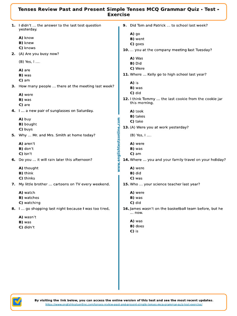 Present and Past Tenses Mixed Test | PDF