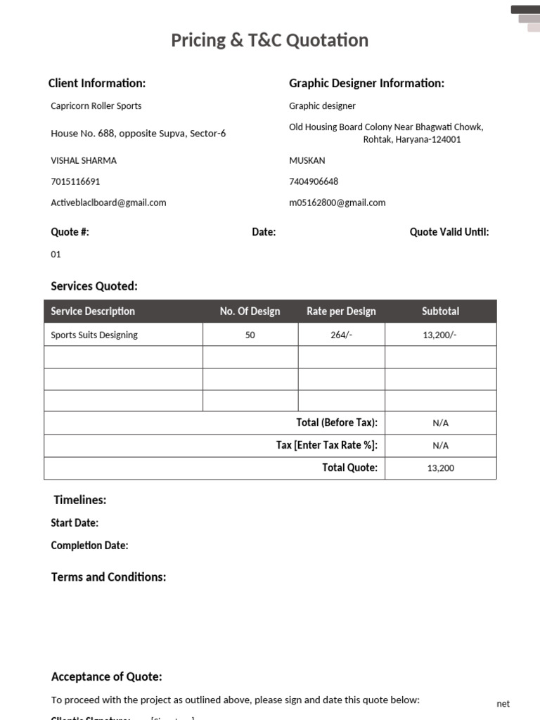Graphic Design Freelancing Price & T&C Quotation | PDF