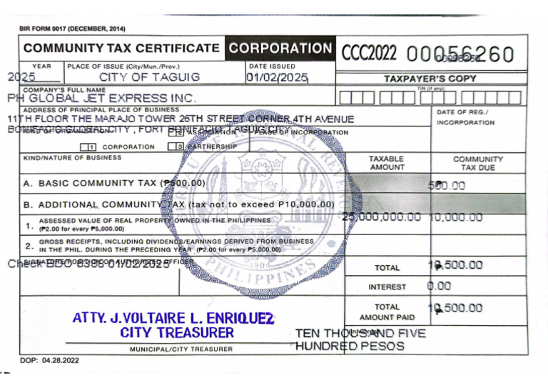 Cedula 2025 - PH Global Jet Express, Inc. | PDF
