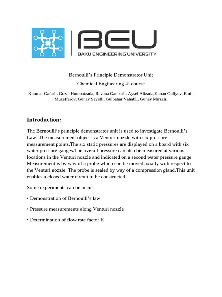 Bernoulli's Principle Demonstrator Unit Lab Report | PDF