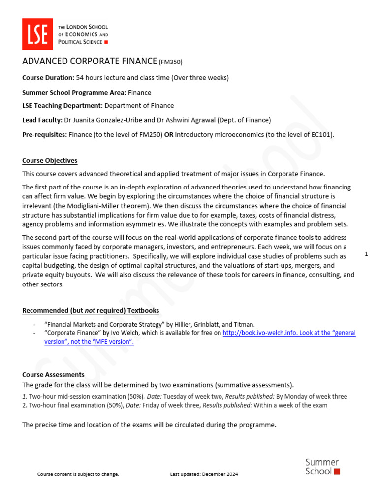 FM350 Course Outline 2025 | PDF | Valuation (Finance) | Capital Structure