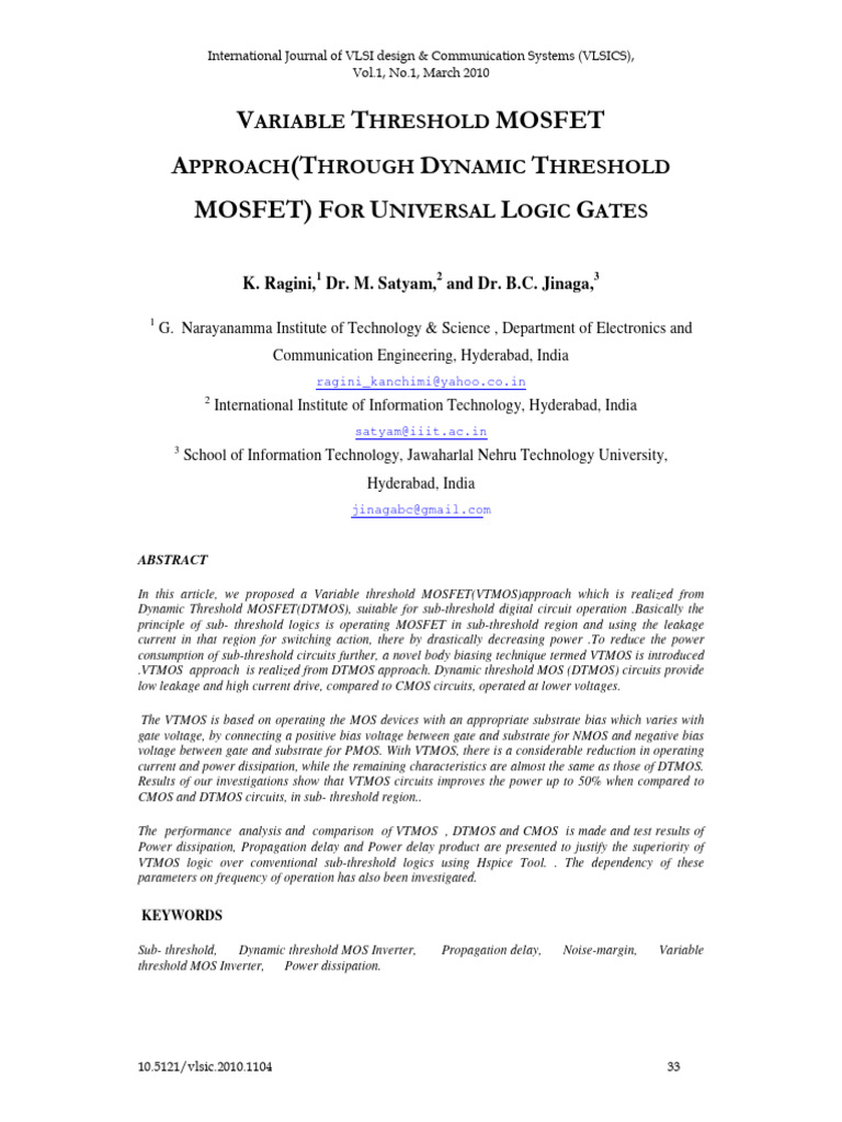 VTMOS: Enhancing Sub-Threshold Logic | PDF | Mosfet | Cmos