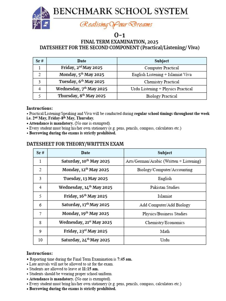 2025 Final Term Exam Datesheet | PDF