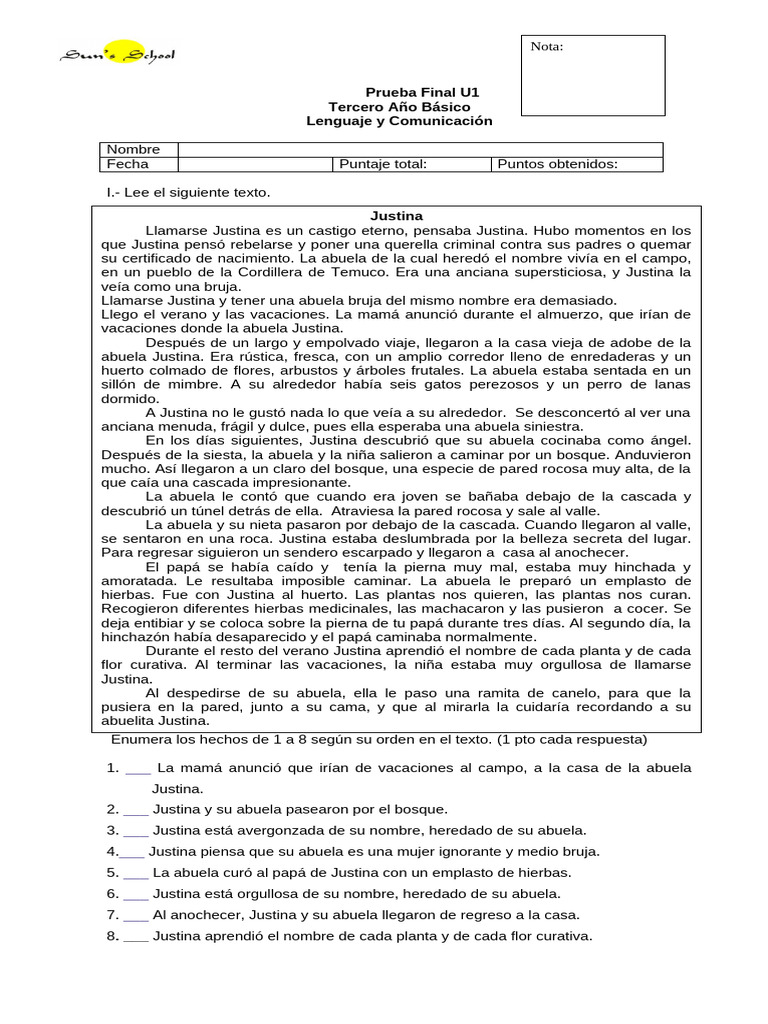 Prueba Final U1 Lenguaje y Comunicación | PDF | Adjetivo