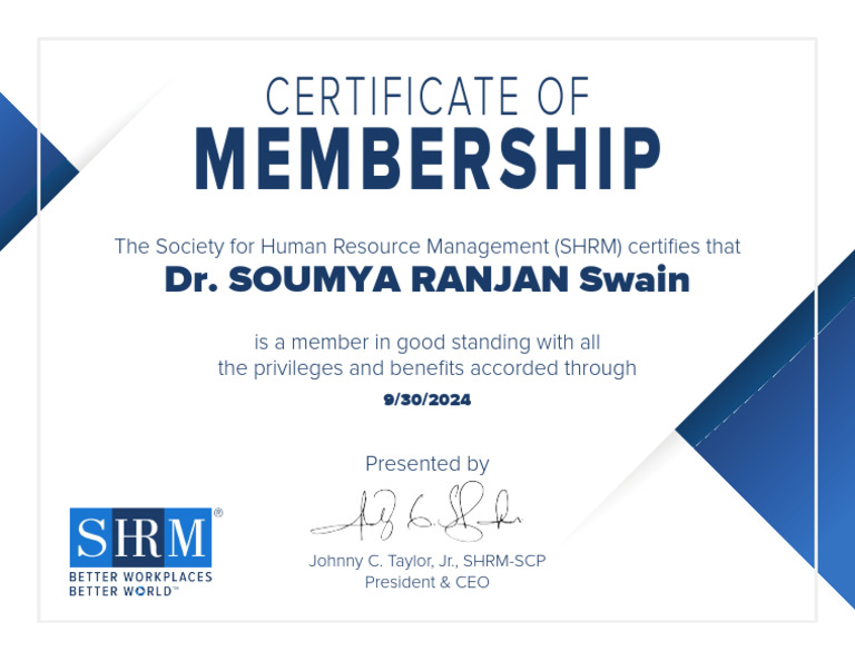 SHRM Membership Certificate for Dr. Swain | PDF