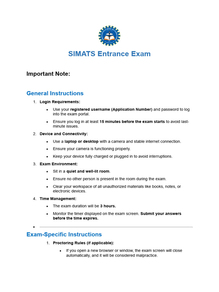 SIMATS Entrance Exam Instructions | PDF | Computing | Software