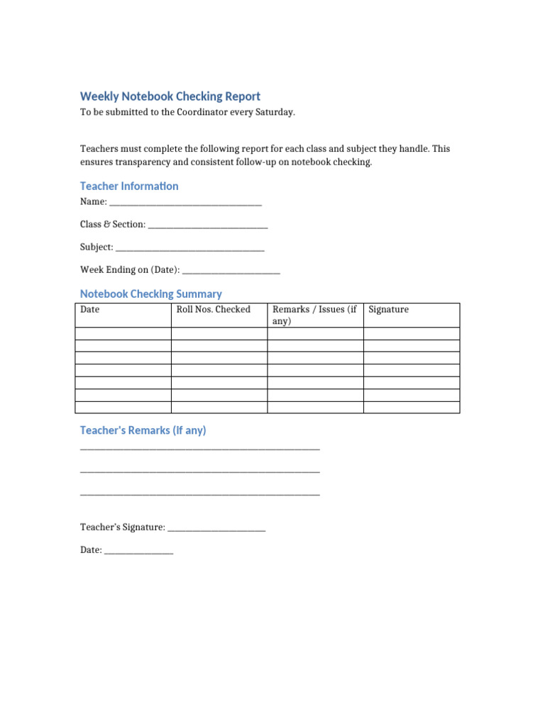 Weekly Notebook Checking Report Template | PDF