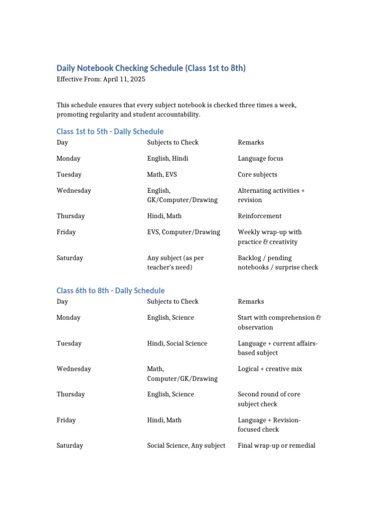 Daily Notebook Checking Schedule Class1-8 | PDF