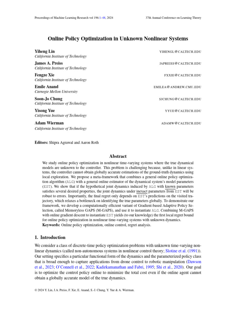 Online Policy Optimization in Unknown Nonlinear Systems | PDF | Mathematical Optimization ...