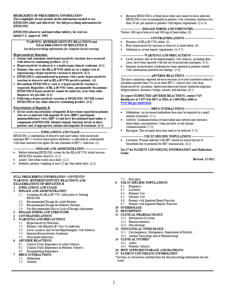 Abacavir Lamivudine (Epzicom) PI - Dated December 2022 | PDF ...
