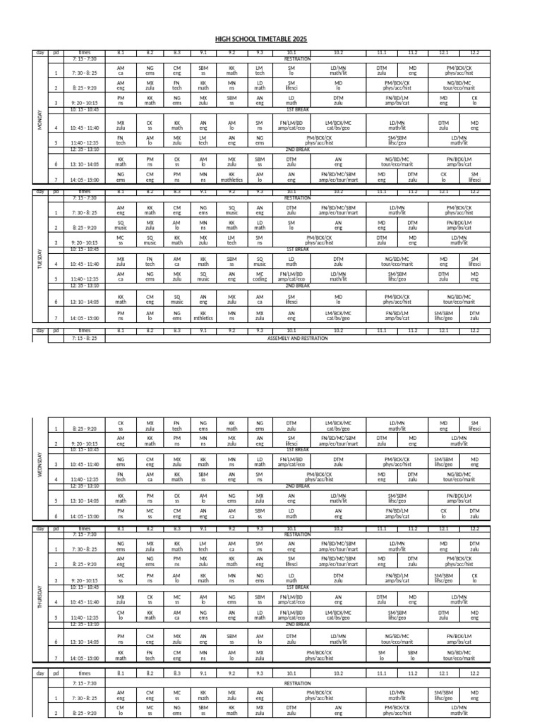 High School Timetable 2025 | PDF