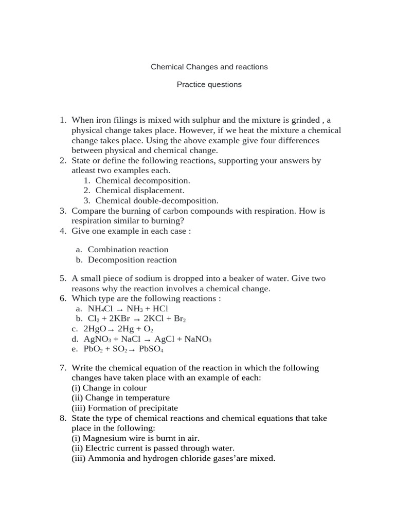 Chemical Changes and Reactions Practice QP | PDF | Chemical Reactions ...