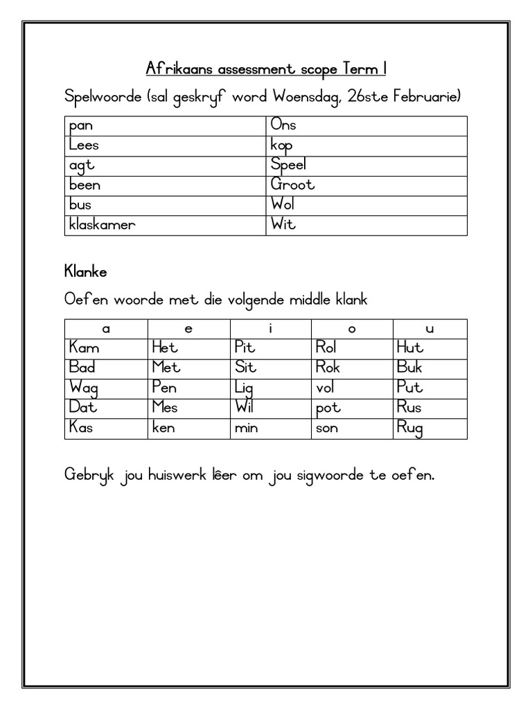 Afrikaans Assessment Scope Term 1 | PDF