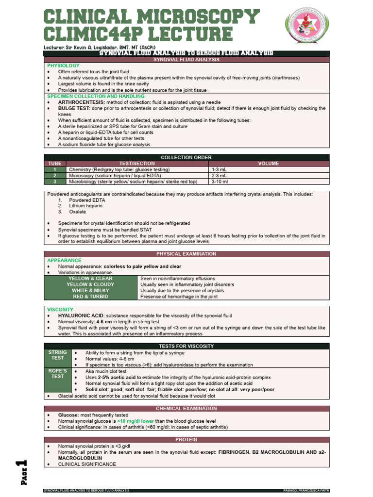 Synovial Fluid Analysis Guide | PDF | Edema | Medical Specialties
