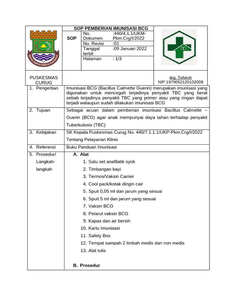 Sop Pemberian Imunisasi BCG | PDF