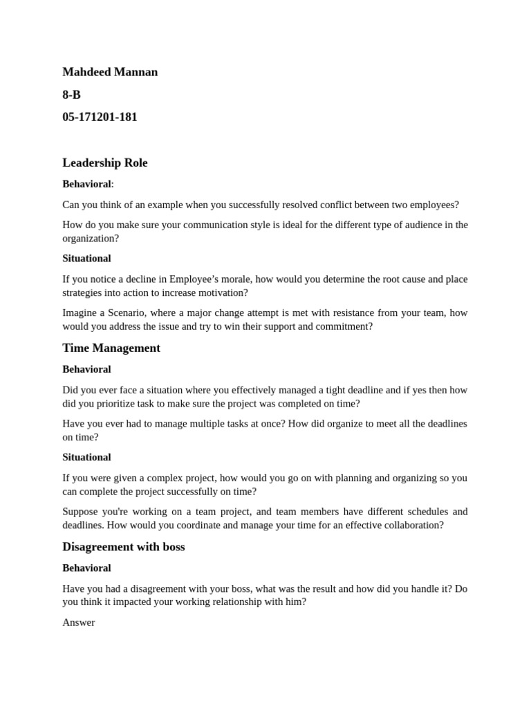 Make Behavioural and Situational Questions For Each Scenario | PDF ...