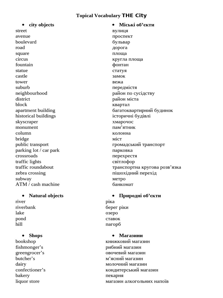 Topiclal Vocabulary CITY | PDF