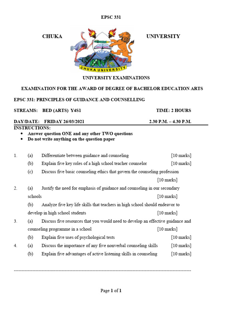 EPSC 331: Guidance and Counseling Exam | PDF