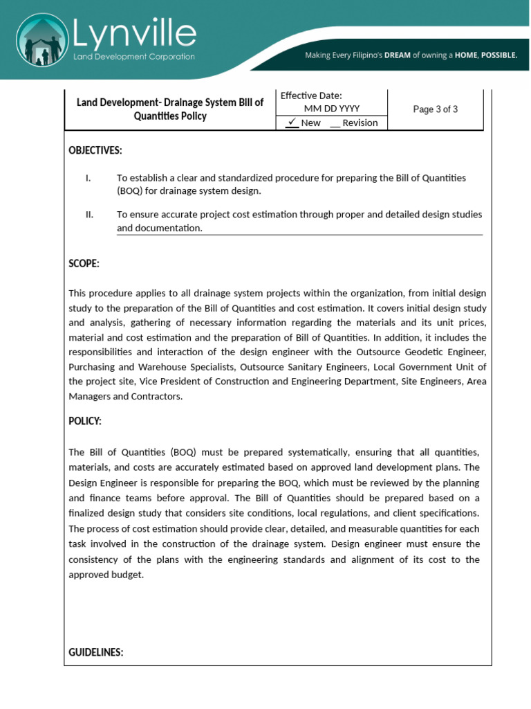 Land Development - Drainage System Bill of Quantities Policy - JESSER | PDF
