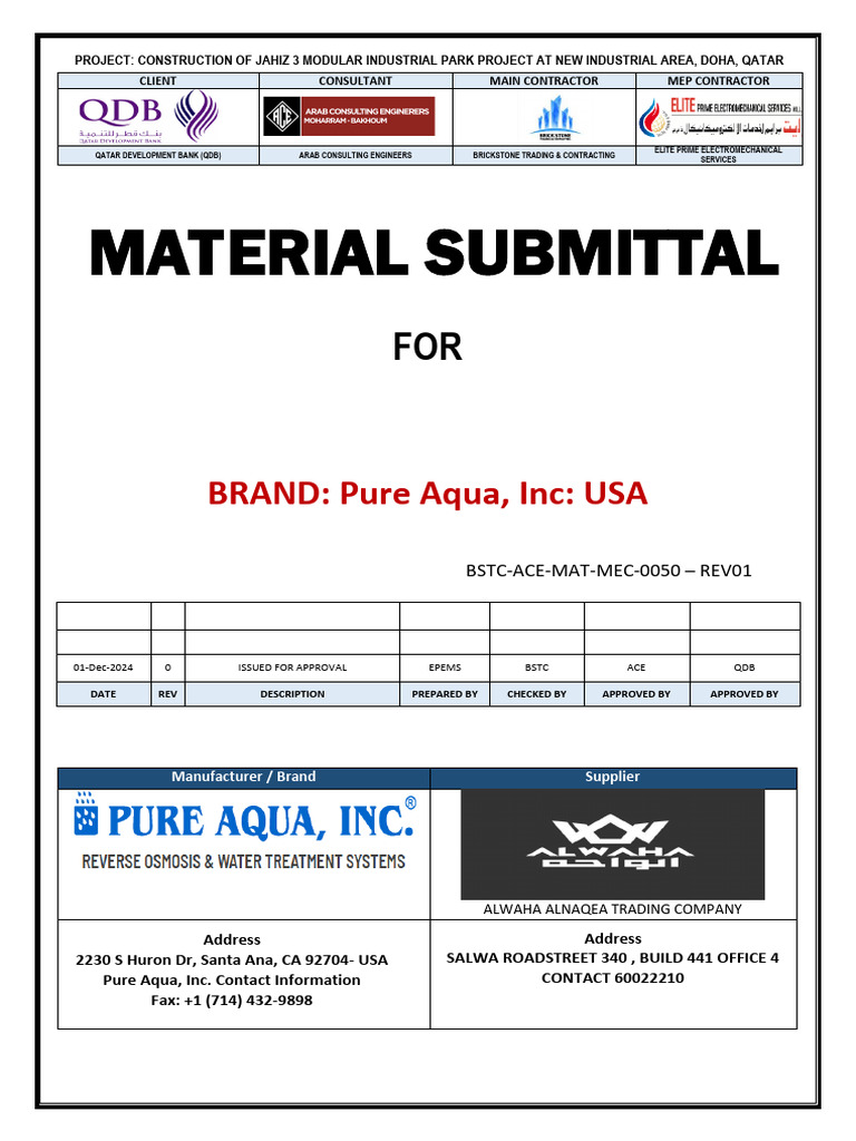 Material Submittal - Alwaha Water Filter Reo1 | PDF | Materials | Mechanical Engineering