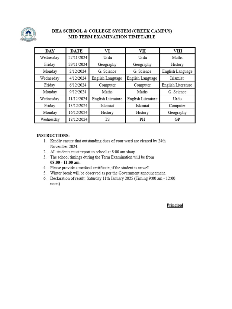Mid Term Exam Timetable 2024-25 | PDF
