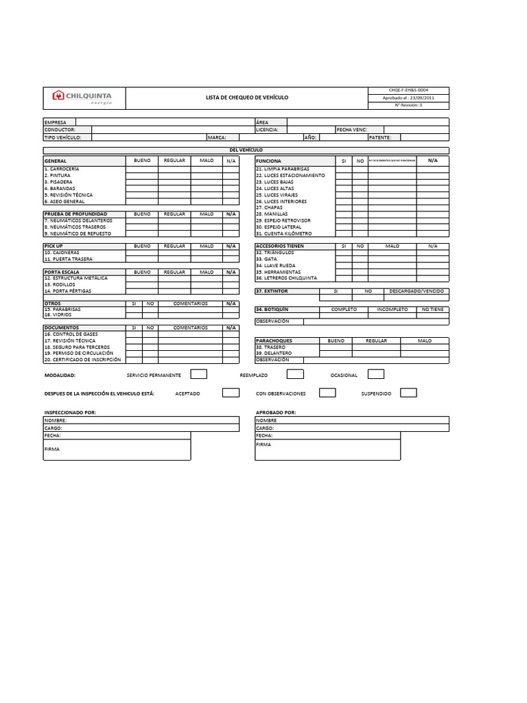 CHQE-F-EHS-0004 Lista de Chequeo Vehiculo - Camioneta | PDF | Neumático | Tecnologías automotrices