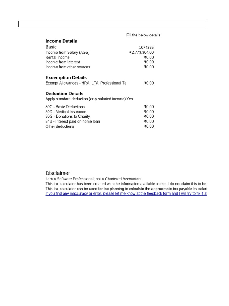 Income Tax Calculator Excel Ay 2025 2026 1.1 | PDF | Tax Deduction | Taxes
