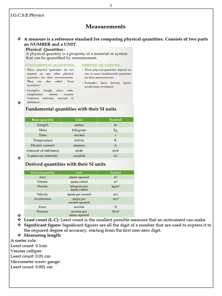 IGCSE Physics Notes Measurement | PDF | Volume | Physical Quantities