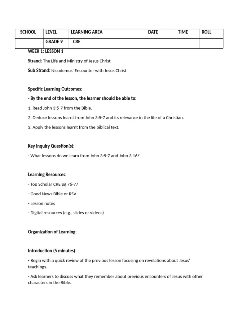 Grade 9 Rationalized CRE Lesson Plans Term 2 | PDF | Jesus | Eucharist