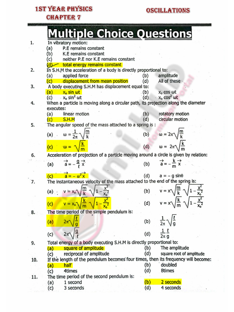CH 7 Oscillations - MCQs | PDF