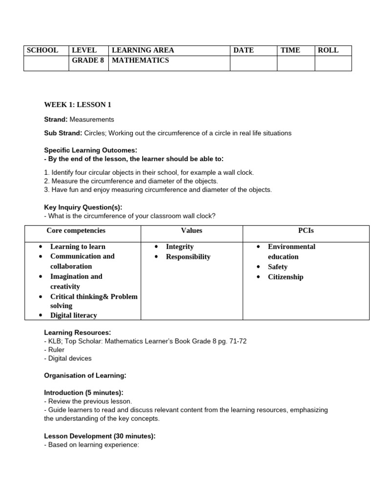 Grade 8 Term 2 Mathematics Lesson Plans | PDF | Learning | Area