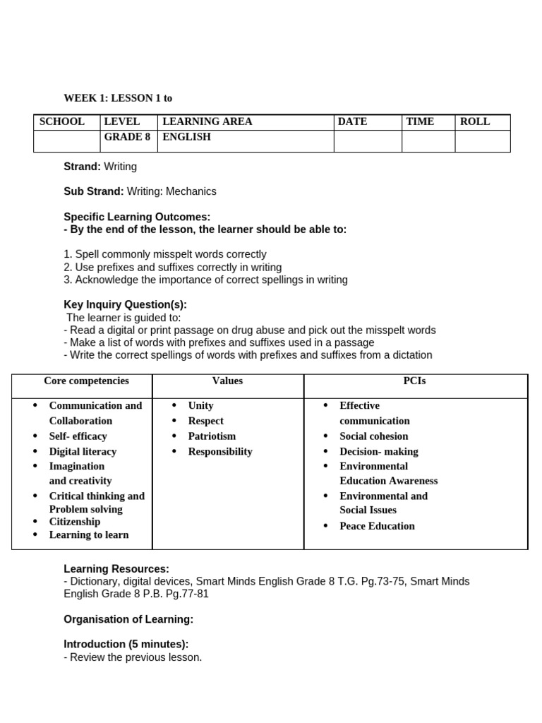 Grade 8 English Term 2 Lesson Plans | PDF | Learning | Reading ...