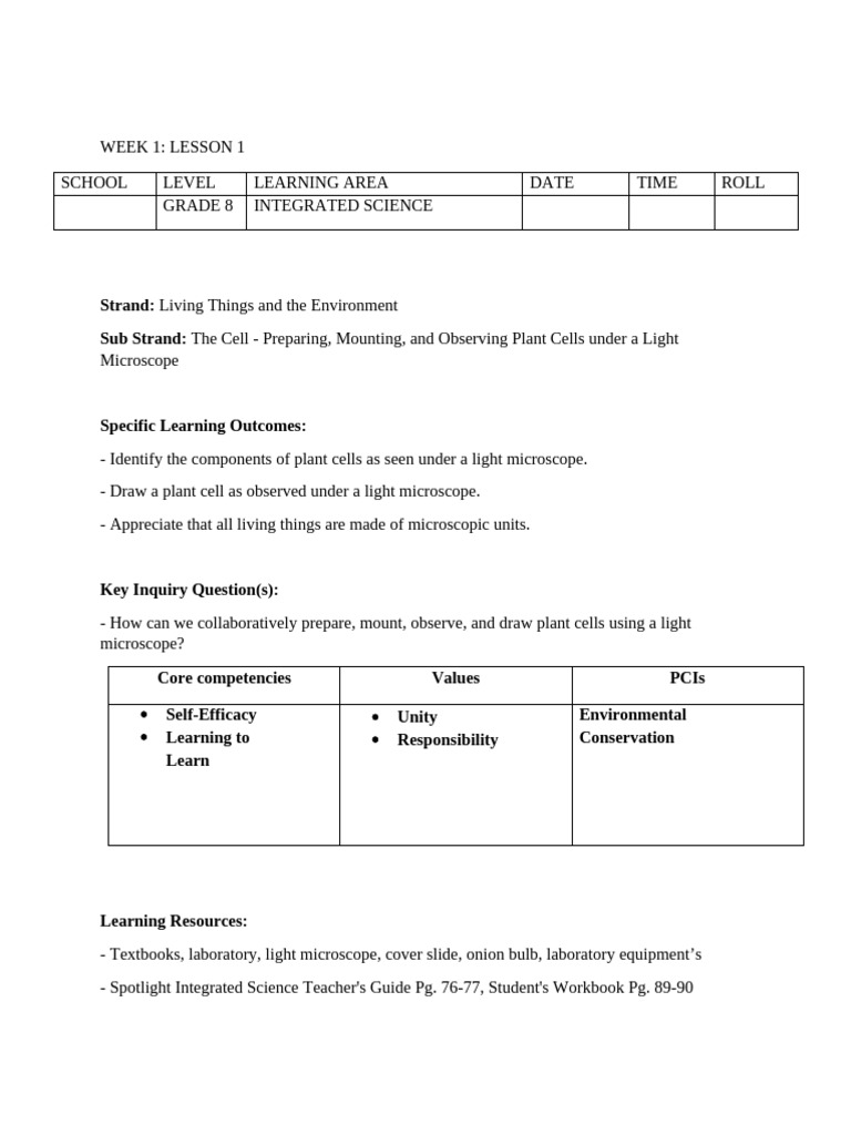 Grade 8 Intergrated Science Term 2 Lesson Plans | PDF | Learning | Cell ...