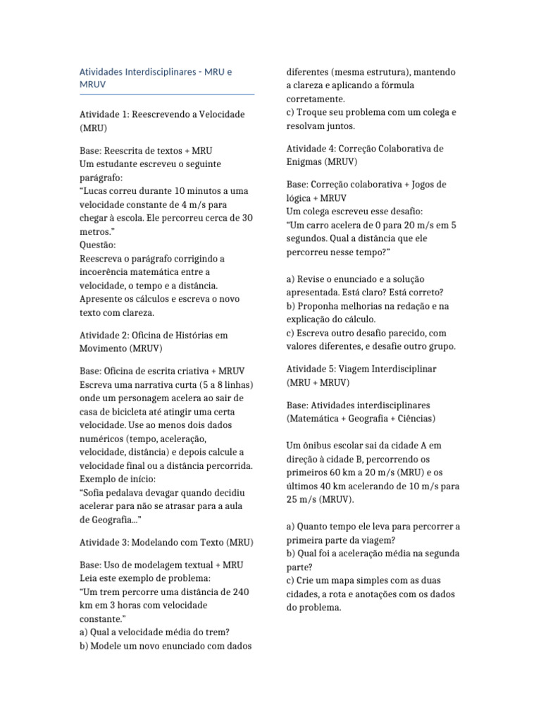 Atividades - MRU - MRUV 1 Ano | PDF | Velocidade | Tempo