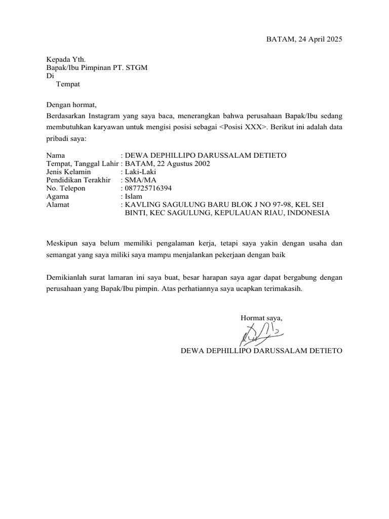 Surat Lamar Kerja Pt Stm Welding | PDF