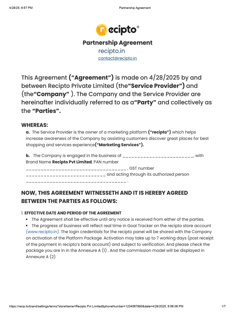 Recipto Partnership Agreement Details | PDF | Credit Card | Breach Of ...