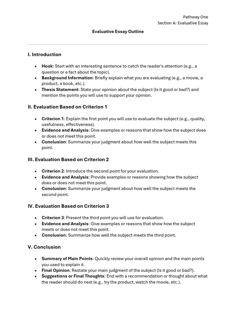 Evaluative Essay Outline Guide | PDF