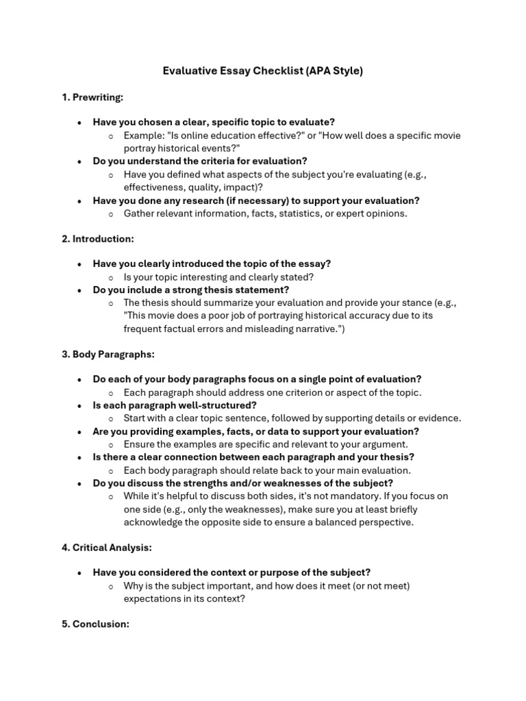 Evaluative Essay Checklist | PDF | Evaluation | Essays