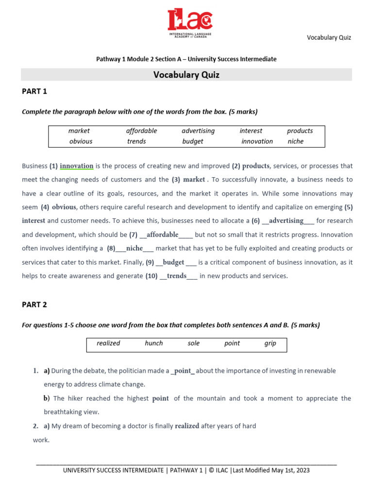 Pathway 1 Module 2 Section A - Vocabulary Quiz | PDF | Innovation