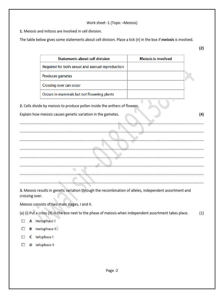 Work Sheet - 1 (Topic - Meiosis) | PDF | Meiosis | Reproduction
