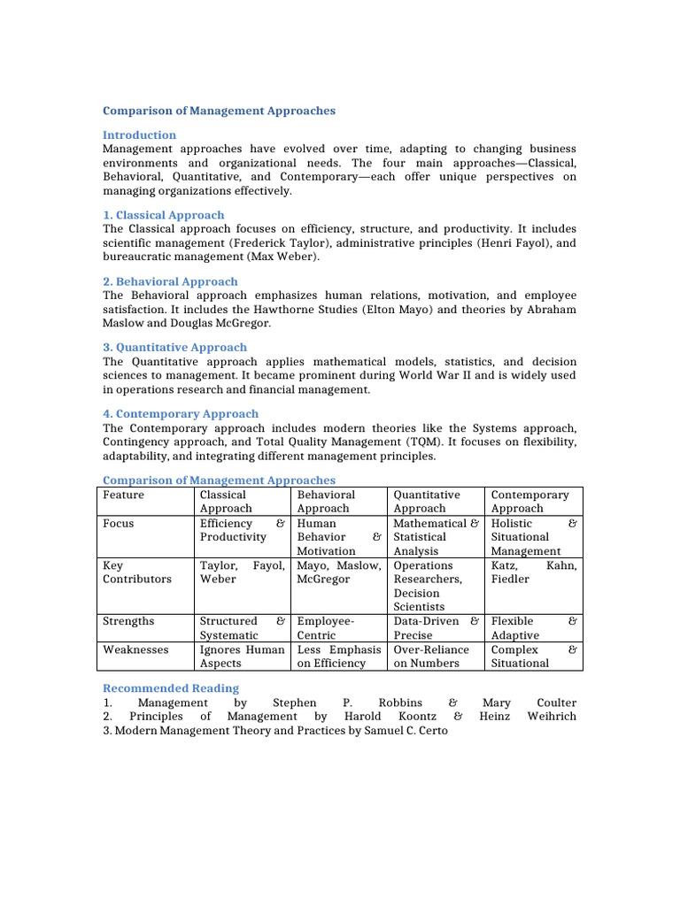 Comparison of Management Approaches | PDF | Quantitative Research ...