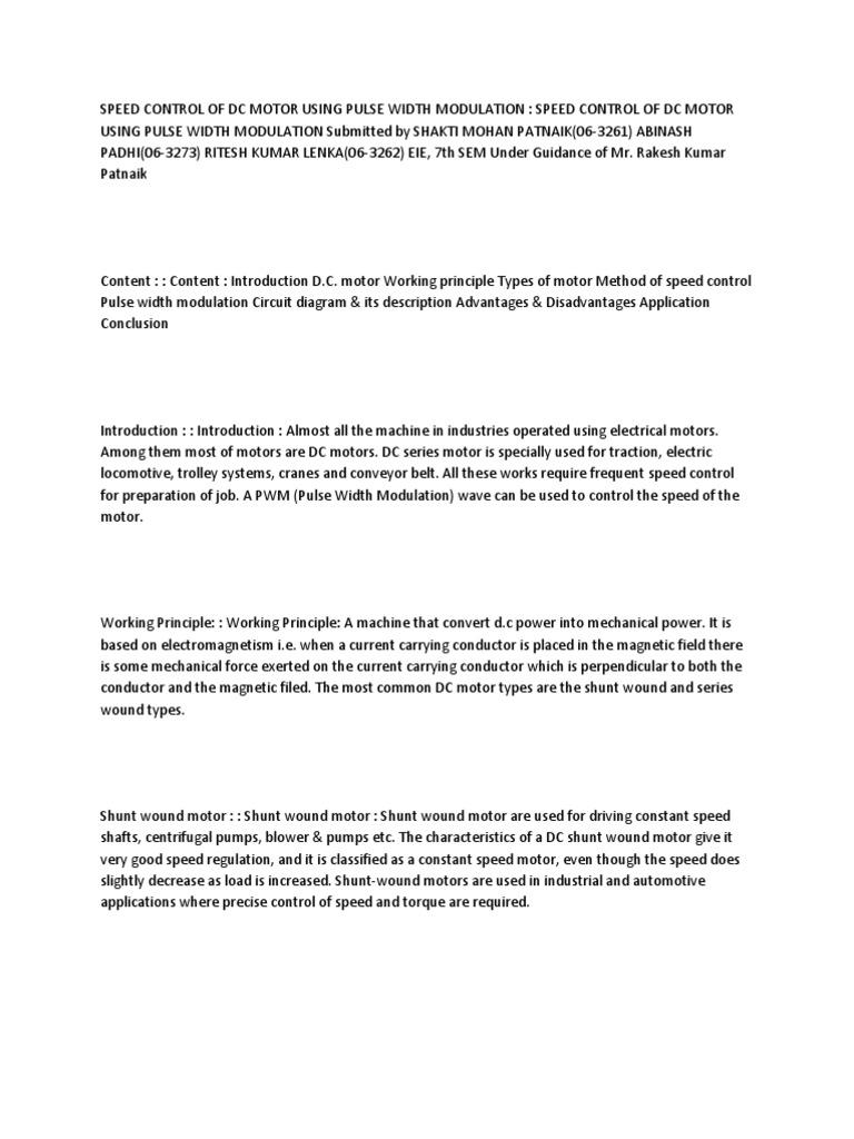 Speed Control of DC Motor Using Pulse Width Modulation | Download Free ...