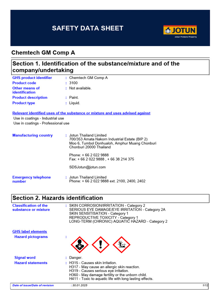 SDS 3100 Chemtech GM Comp A Euk TH | PDF | Toxicity | Personal ...