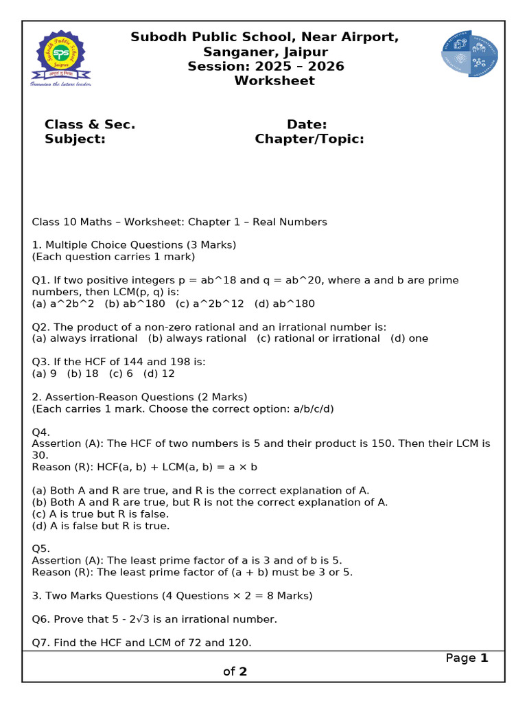 Class 10 Maths: Real Numbers Worksheet | PDF | Rational Number ...