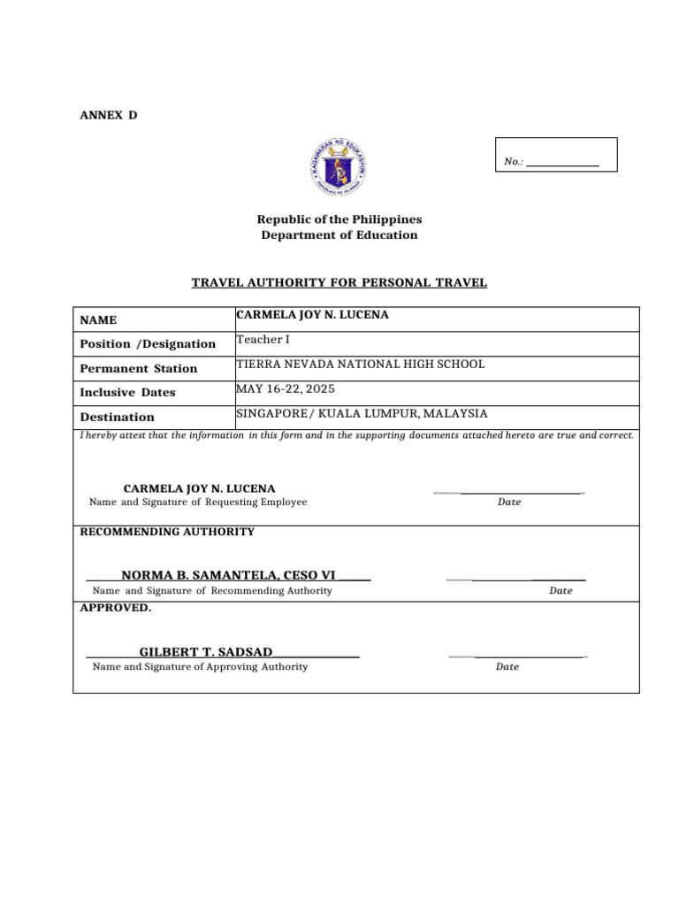 authority_to_travel_annex_d_personal (1) | PDF | Philippines