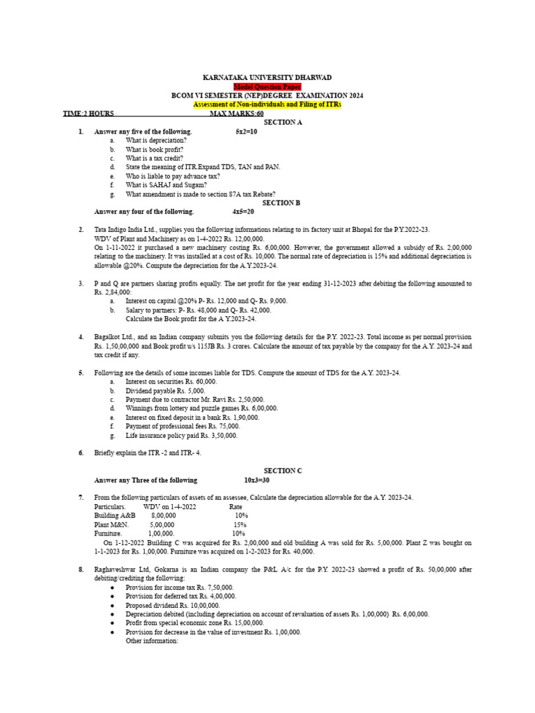 ITR Model Question Paper 2024 | PDF | Depreciation | Taxes